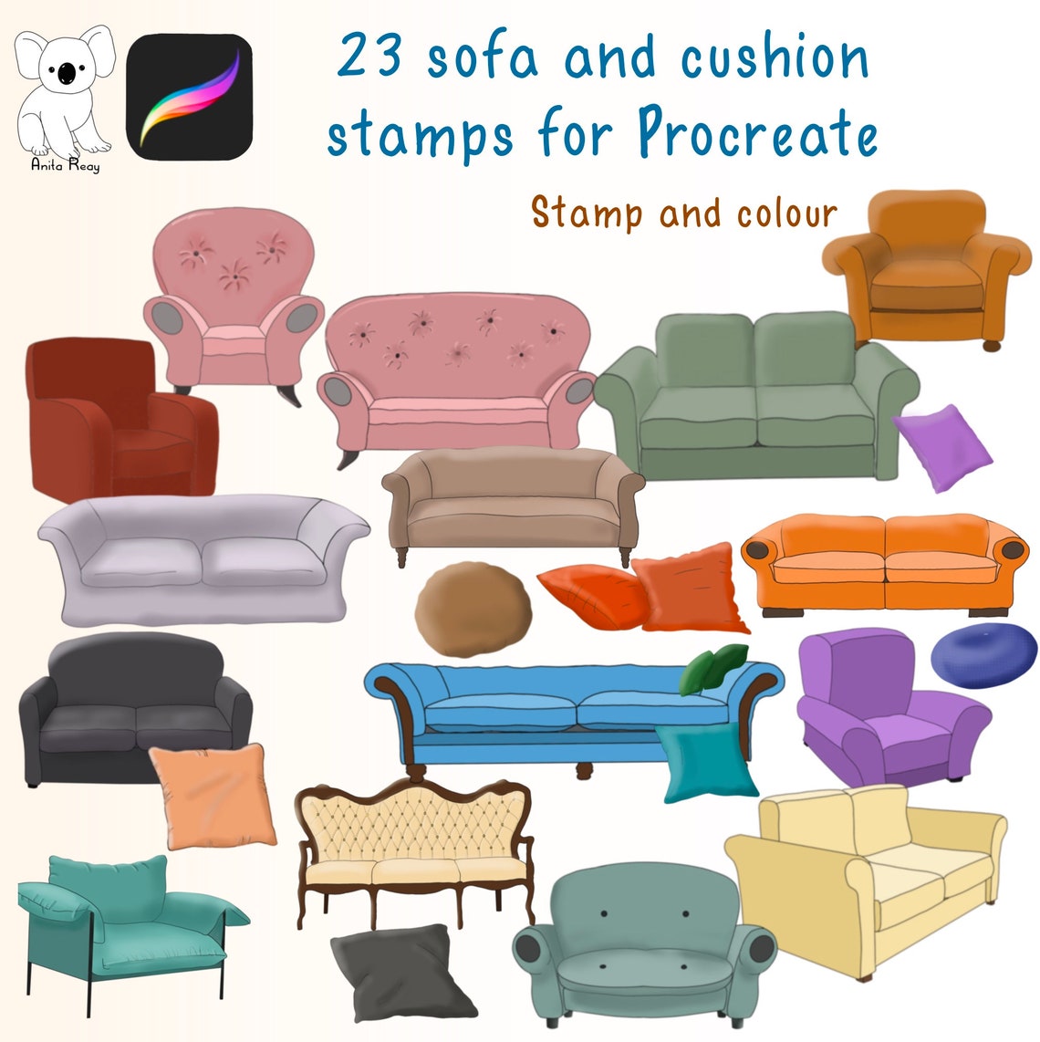 Procreate Stamps 23 Sofa Chair and Cushion Stamps for Use on - Etsy