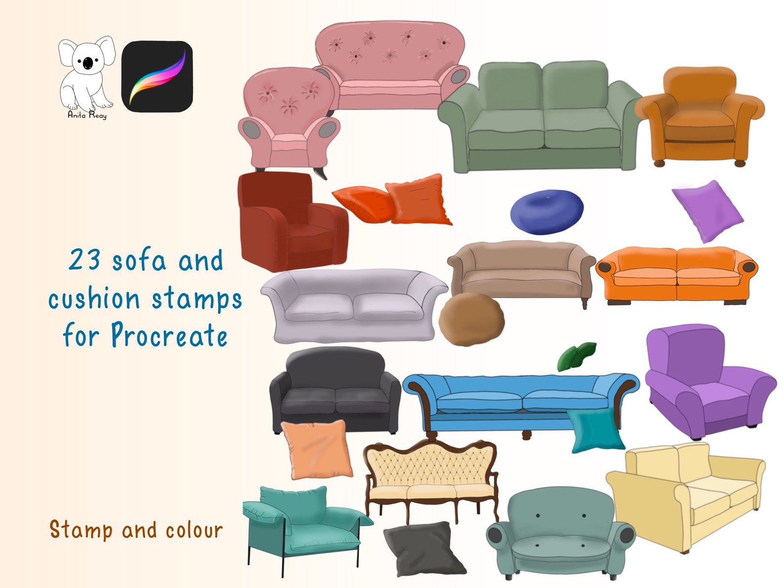 Procreate Stamps 23 Sofa Chair and Cushion Stamps for Use on - Etsy