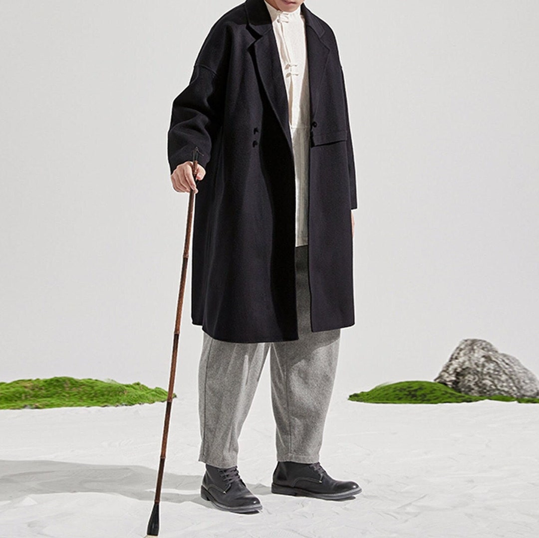 22363men's Double-faced Wool Classic Lapel Chinese Coat in Black Color ...