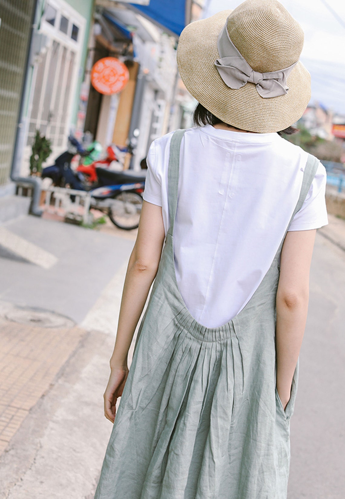 23222women's Linen Pleated Overall Dress, Pinafore Dress in Black ...