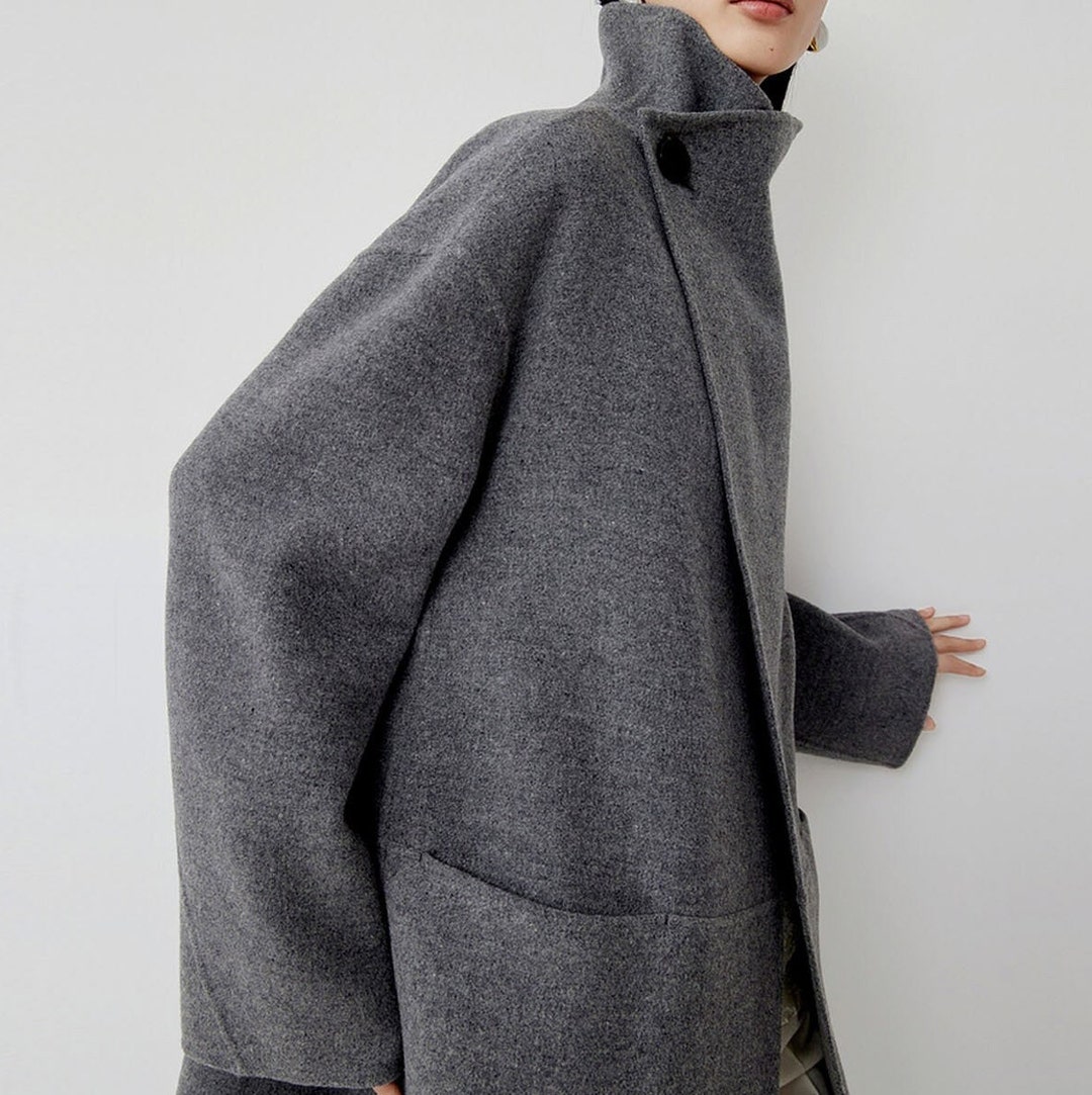22803women's Double-faced Wool High Neck Coat in Gray, Winter Double ...