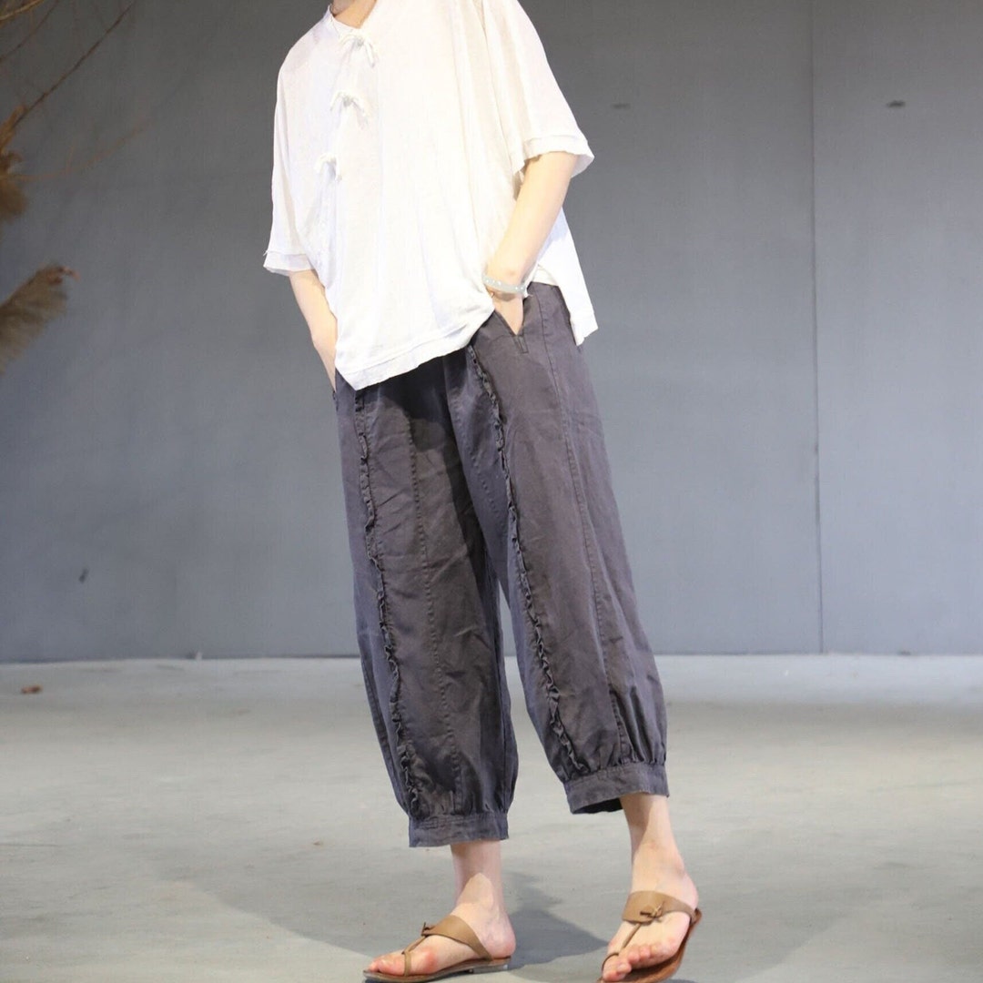 22117gray Ruffle Linen Crop Pants, Lattern Pants / Trousers , Linen ...