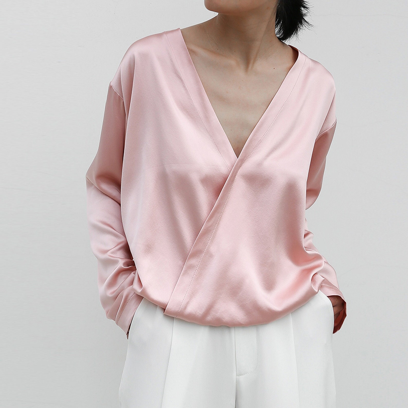 23810---silk Charmeuse Wrap Top, V-neck Silk Satin Top, Crossover Top ...
