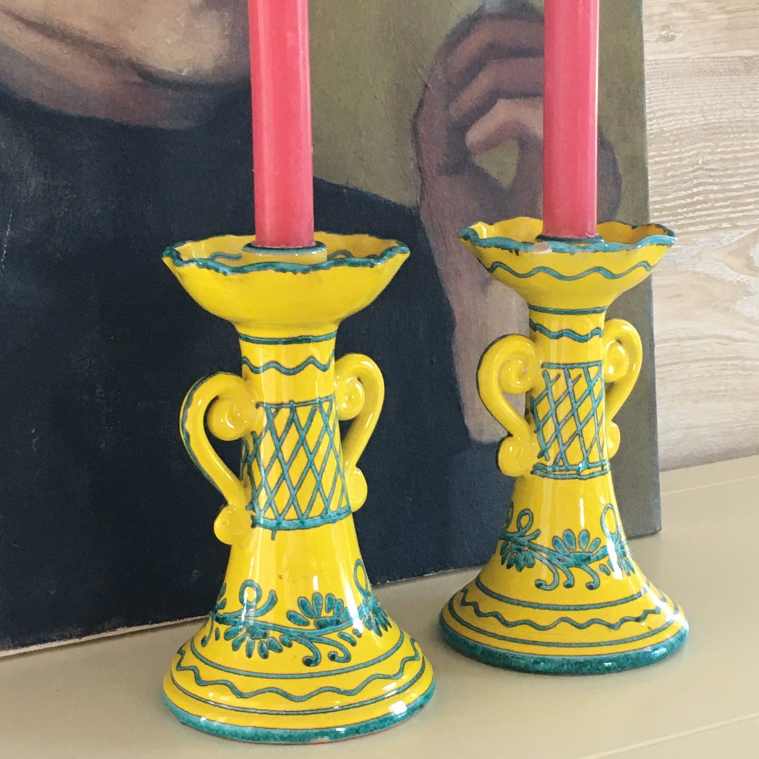 PAIR of Yellow & Aqua Hand-painted Candlesticks Vintage ITALY - Etsy