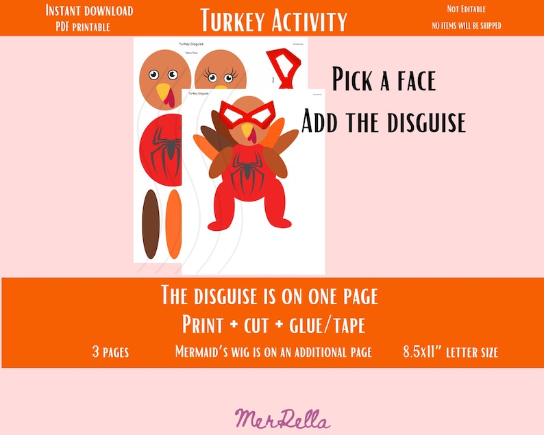 Turkey Disguise Printable, Bundle Mermaid Superhero Turkey Disguise ...