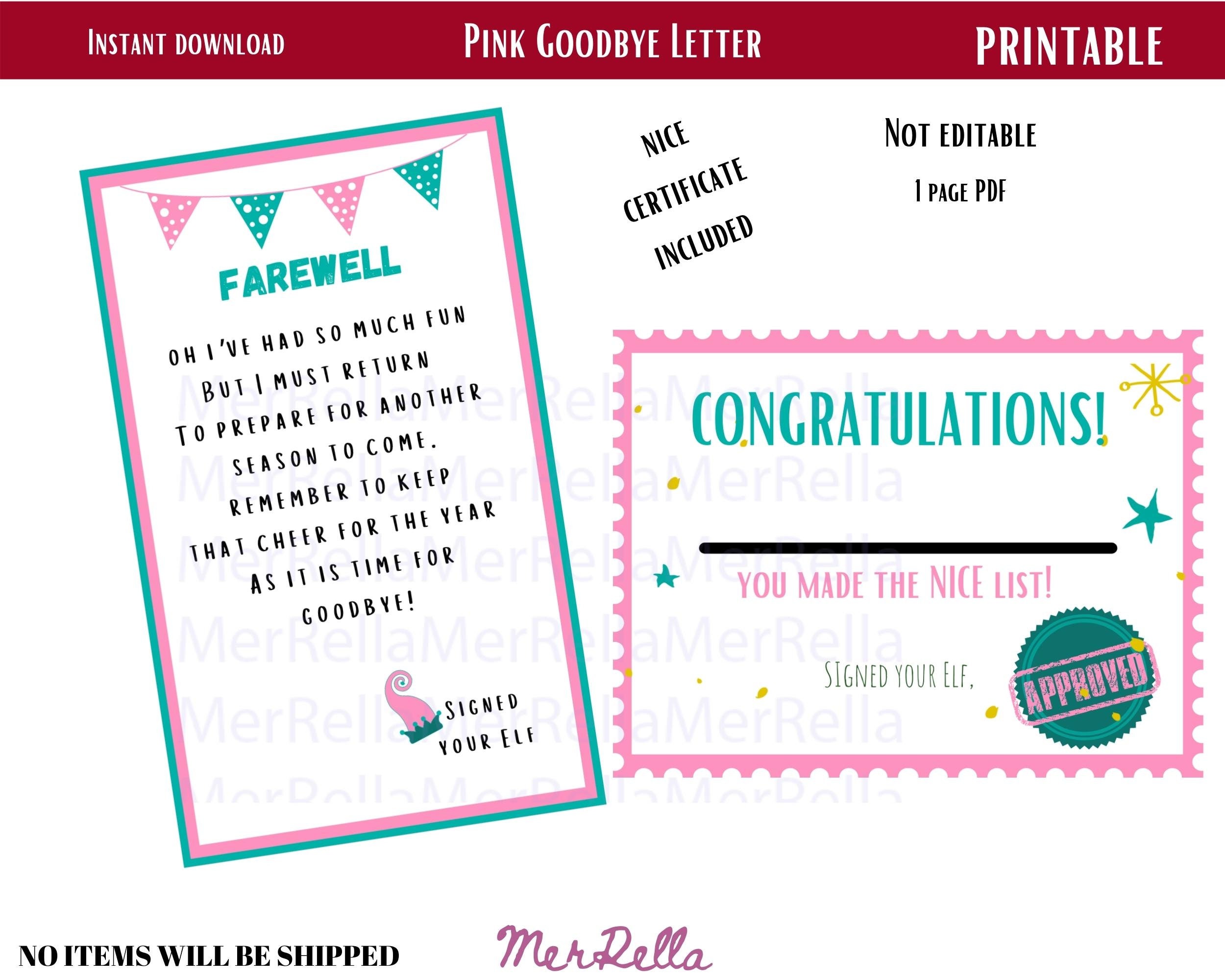 Elf Goodbye Letter Printable Elf PINK, Elf Kit, Elf Letter, Elf ...