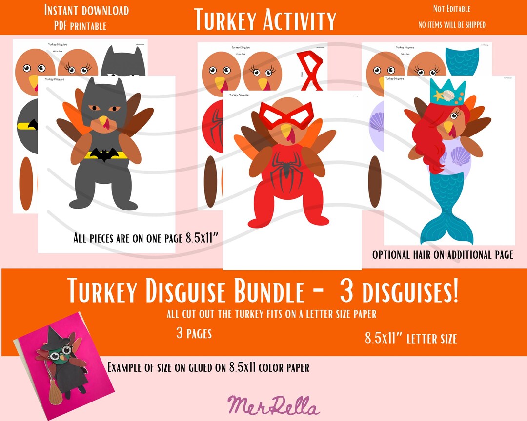 Turkey Disguise Printable, Bundle Mermaid Superhero Turkey Disguise ...