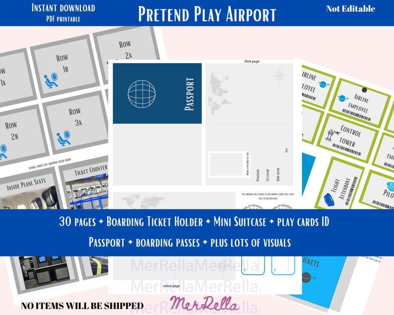 Pretend Airport Dramatic Play Set, Printable Passport, Boarding Pass ...