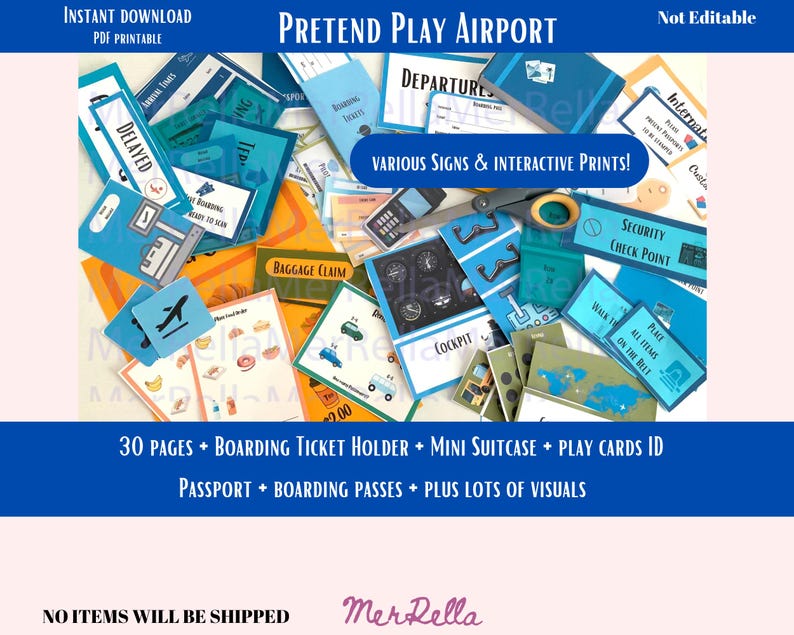 Pretend Airport Dramatic Play Set, Printable Passport, Boarding Pass ...