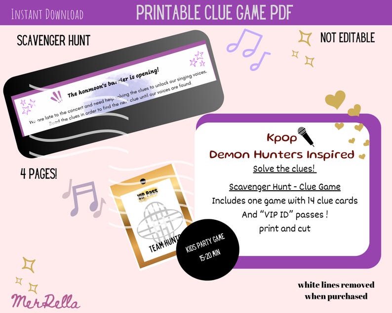 Demon Hunters Huntrix Clue Game Scavenger Hunt Printable Birthday Party ...