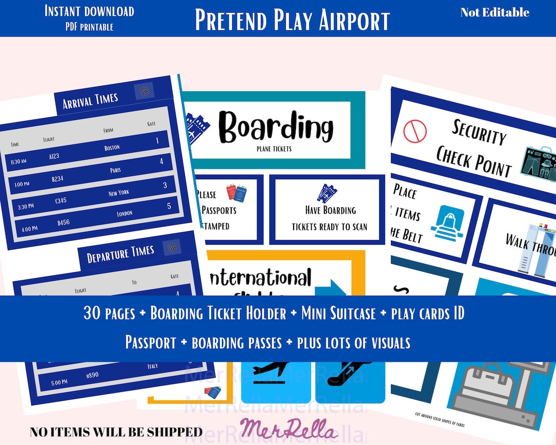 Pretend Airport Dramatic Play Set, Printable Passport, Boarding Pass ...