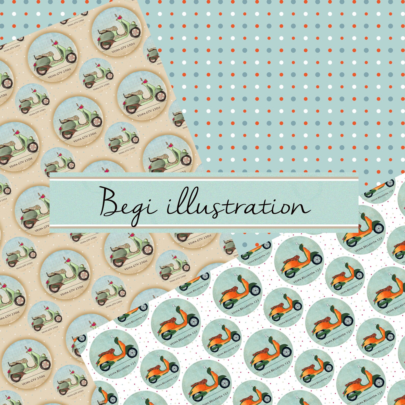 Retro Vespa Digital Paper, Scrapbooking, Decoupage, Seamless Vintage ...