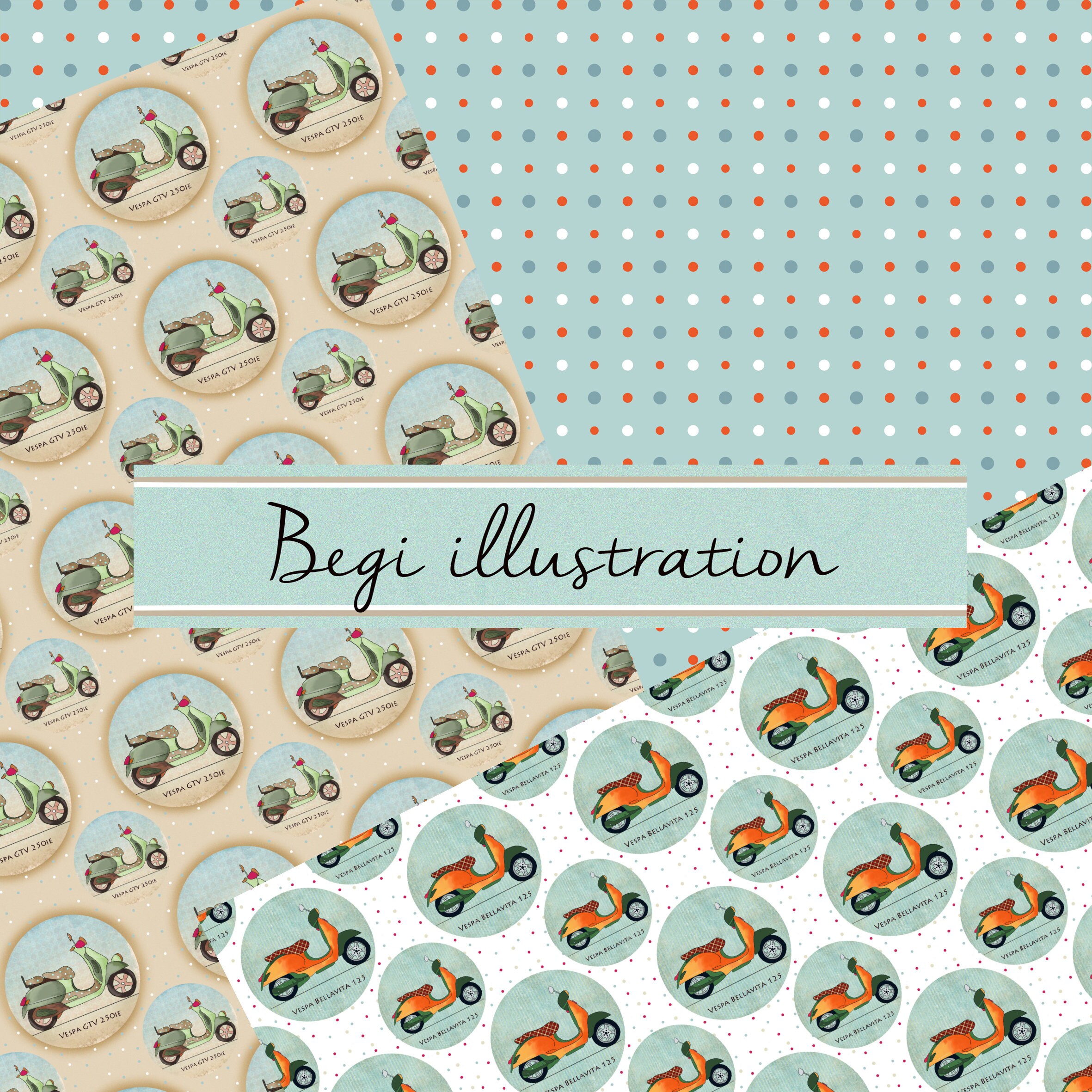 Retro Vespa Digital Paper, Scrapbooking, Decoupage, Seamless Vintage ...