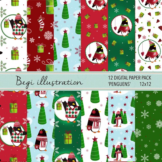 Christmas Penguin Digital Paper Scrapbooking Paper - Etsy