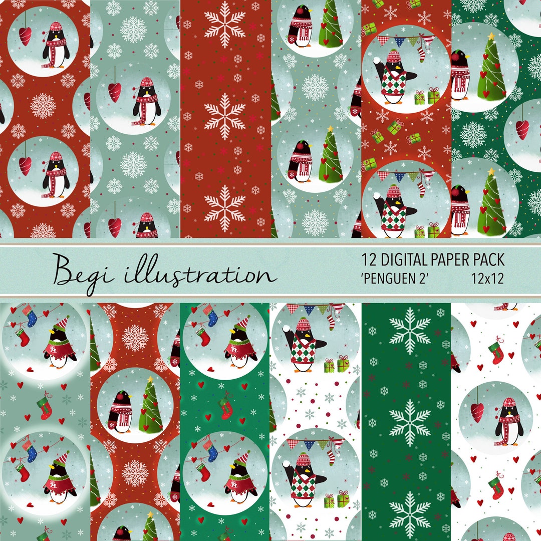 Seamless Christmas Penguin Digital Paper, Scrapbooking, Decoupage, Gift ...