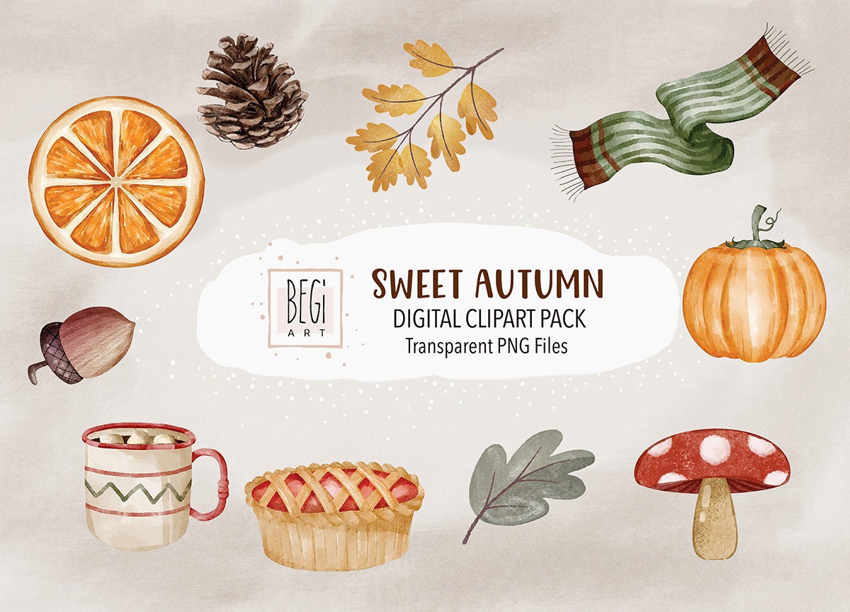 Cozy Autumn Watercolor Clipart Bundle 20 PNG Cute Fall Images, Seasonal ...