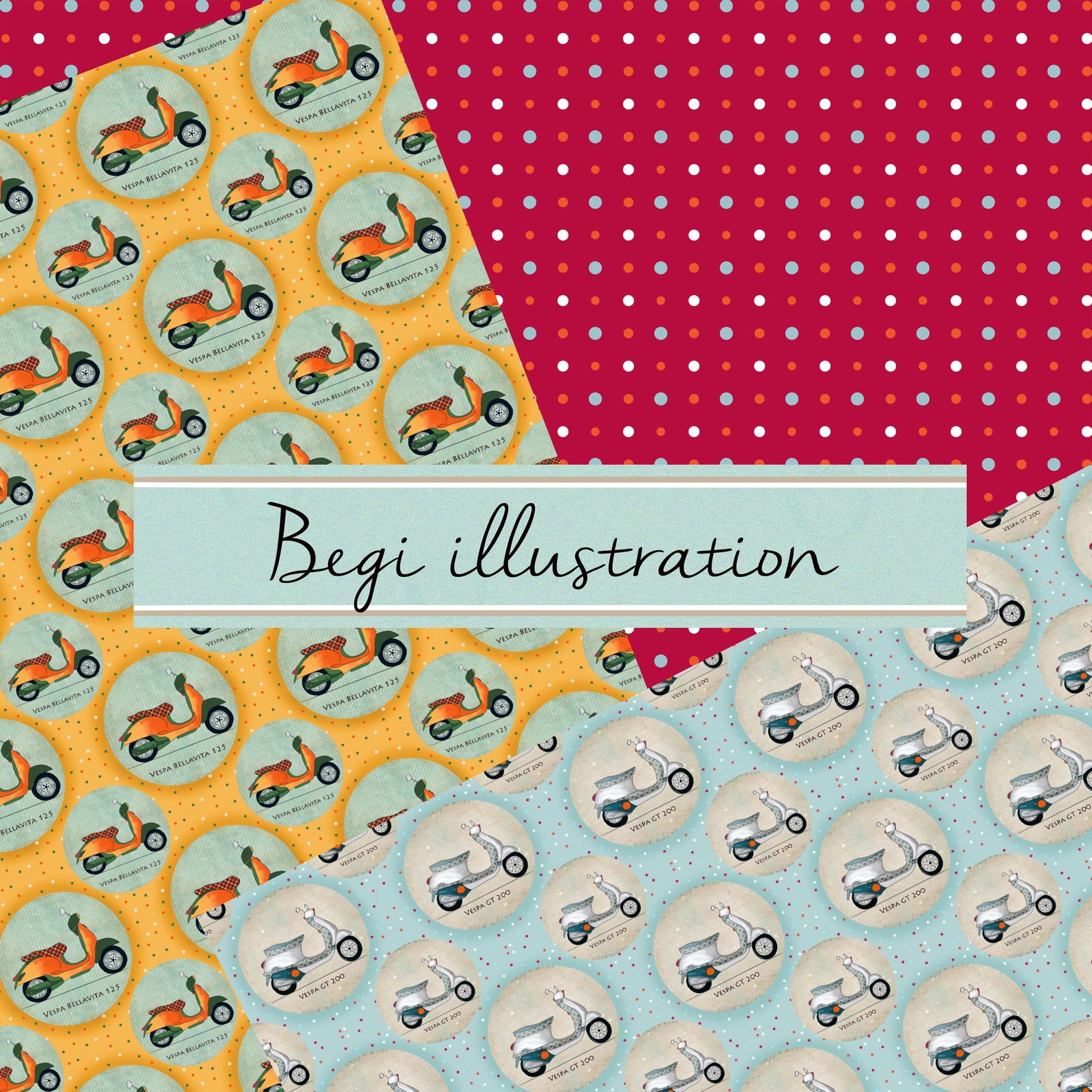 Retro Vespa Digital Paper, Scrapbooking, Decoupage, Seamless Vintage ...