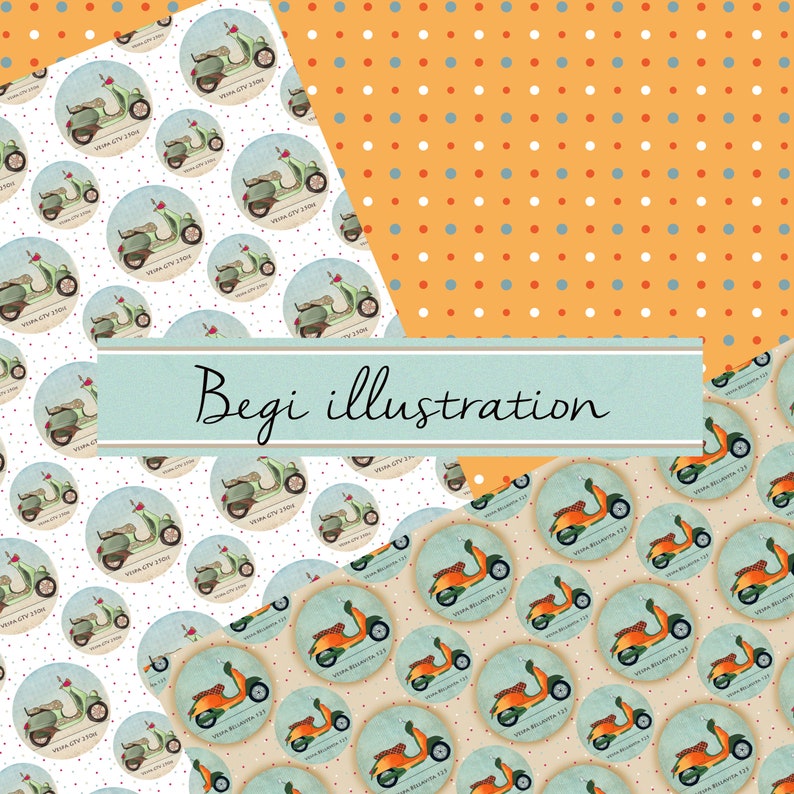 Retro Vespa Digital Paper, Scrapbooking, Decoupage, Seamless Vintage ...