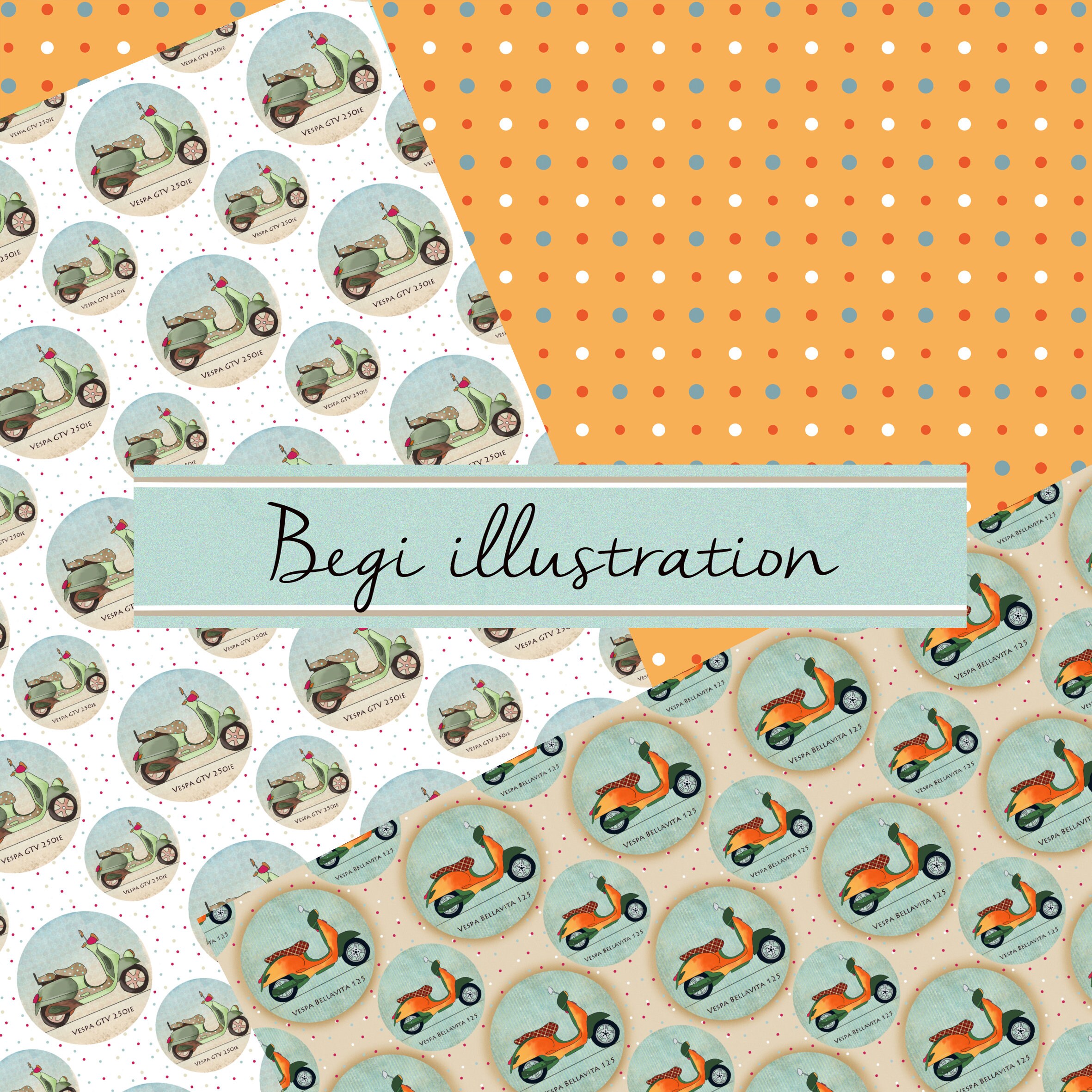 Retro Vespa Digital Paper, Scrapbooking, Decoupage, Seamless Vintage ...