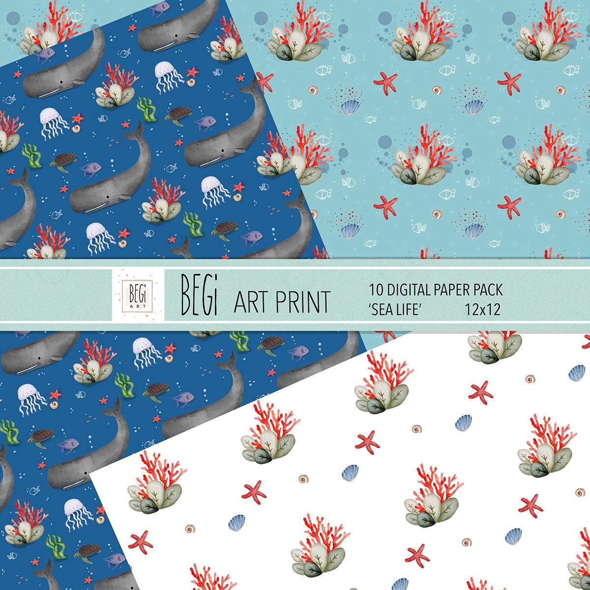 Sea Animals Digital Paper Set,under the Sea Digital Paper Set,ocean ...