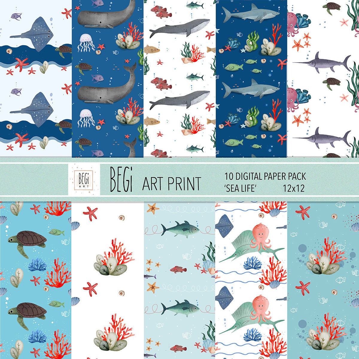 Sea Animals Digital Paper Set,under the Sea Digital Paper Set,ocean ...