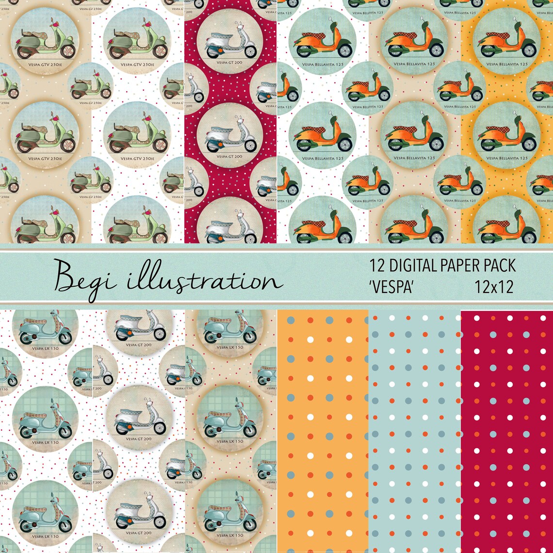 Retro Vespa Digital Paper, Scrapbooking, Decoupage, Seamless Vintage ...