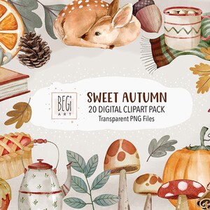 Cozy Autumn Watercolor Clipart Bundle 20 PNG Cute Fall - Etsy