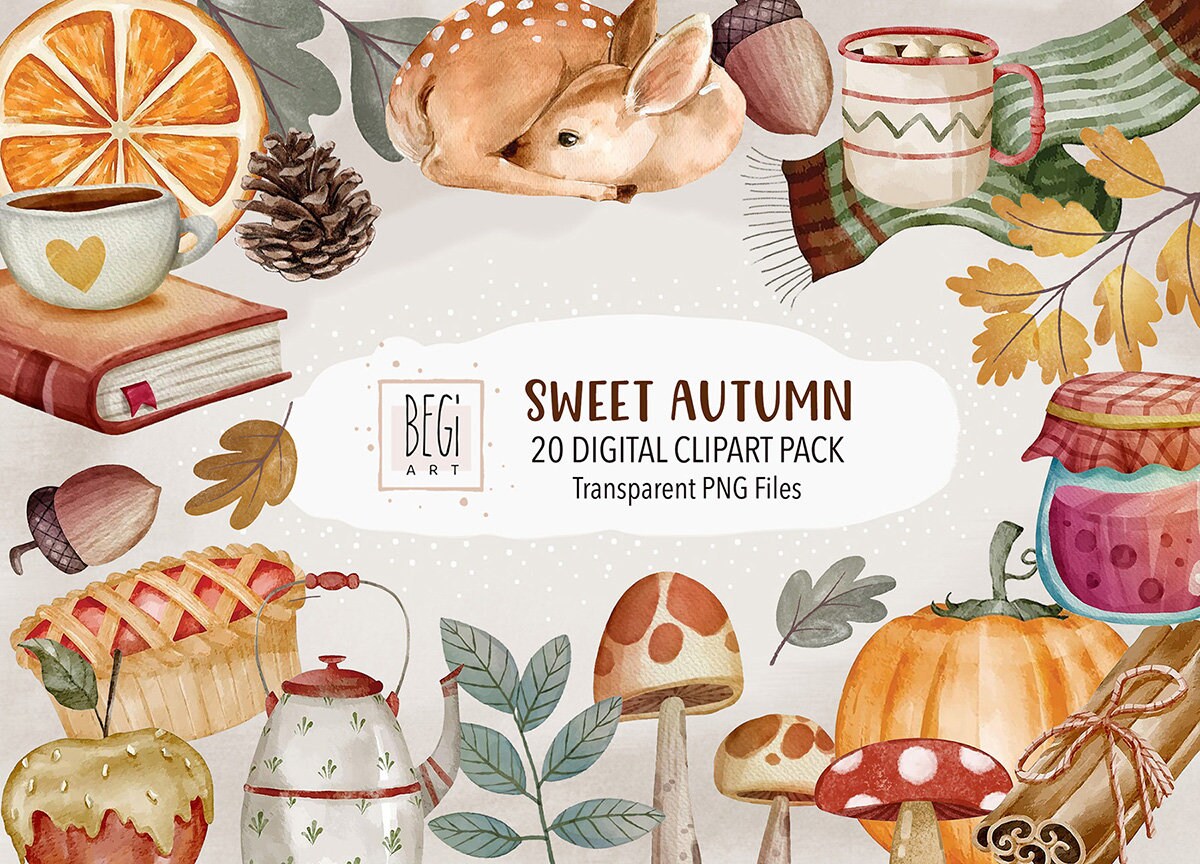 Cozy Autumn Watercolor Clipart Bundle 20 PNG Cute Fall - Etsy