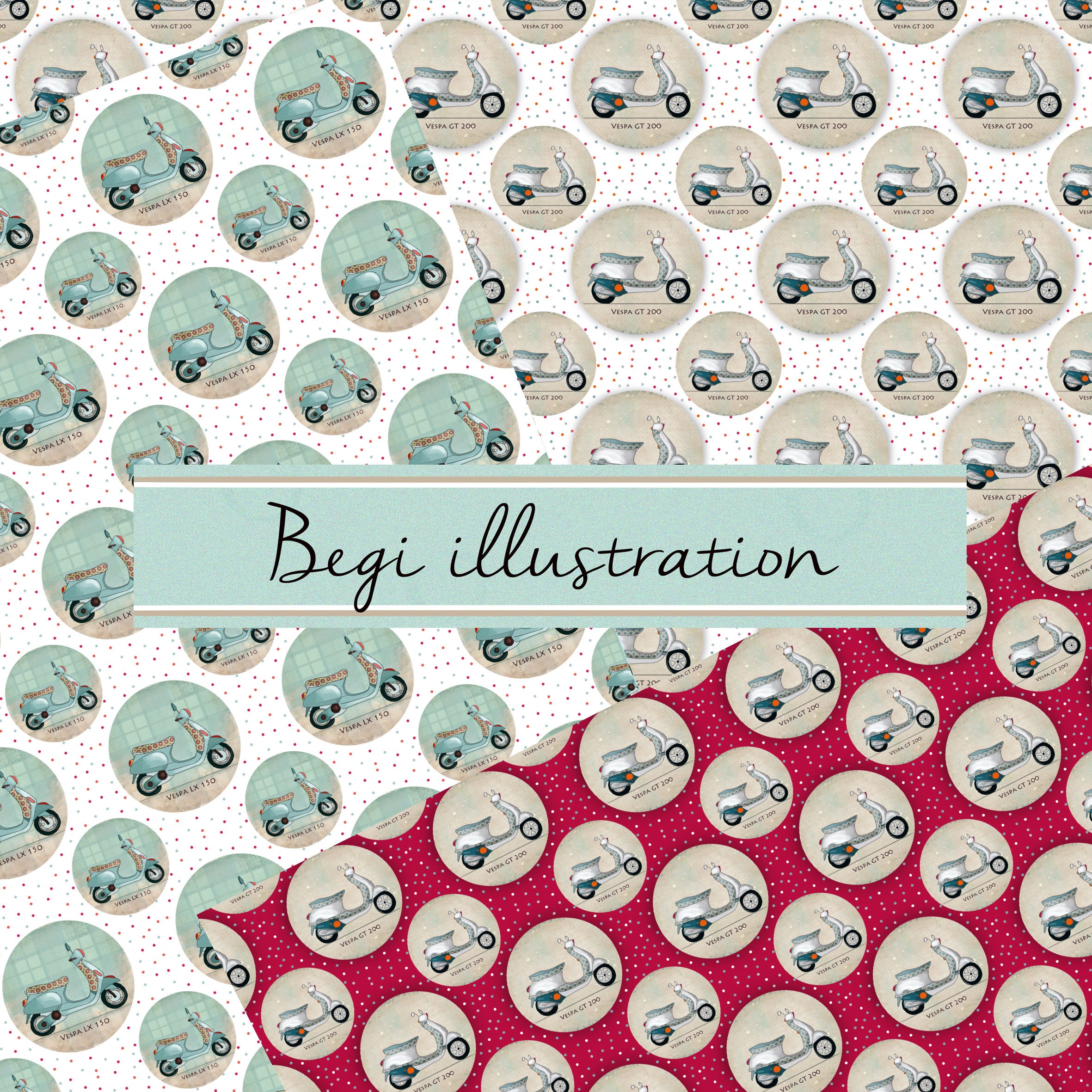 Retro Vespa Digital Paper, Scrapbooking, Decoupage, Seamless Vintage ...