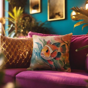 Clown Fish Watercolor Pillow Cover, Pillow Case Fish Underwater Cushion ...