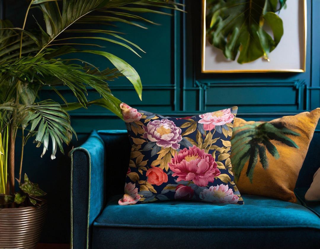 Velvet Peonies Floral Pillow Cover, Retro Pillow Case Flowers Cushion ...