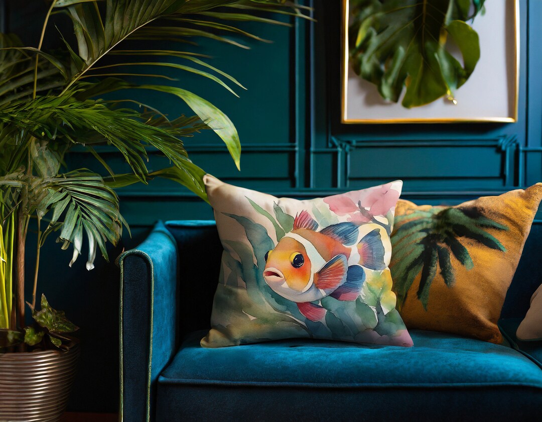 Clown Fish Watercolor Pillow Cover, Pillow Case Fish Underwater Cushion ...