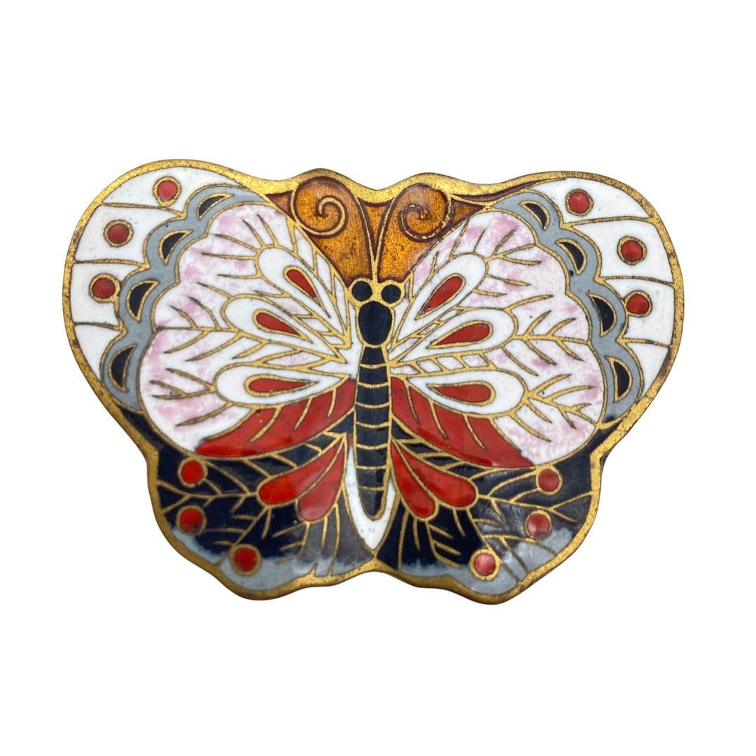 Cloisonne Butterfly Pill Box Trinket Box Small White Blue Floral Enamel ...
