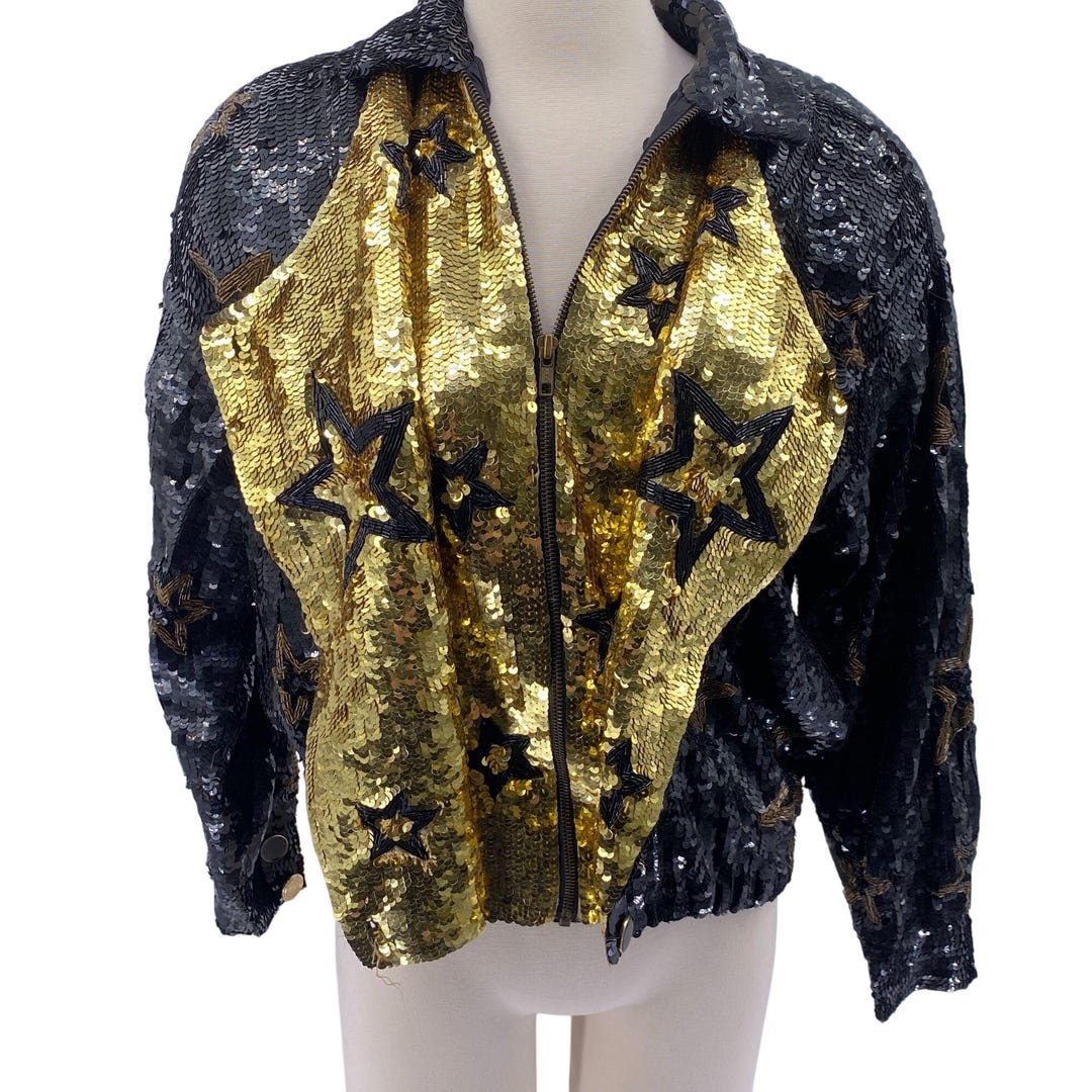 Cache Black Sequin Gold Star Jacket Blazer Size Petite Small Cocktail ...