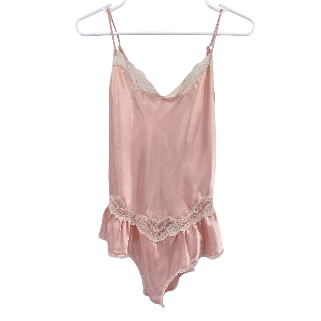 Vintage Satin Teddy Body Suit Size Medium Pink Lace Trim Adjustable ...