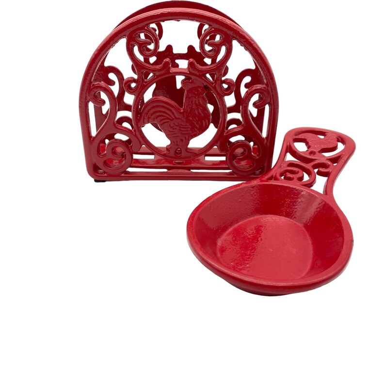 Farmhouse Cast Iron Rooster Kitchen Napkin Holder and Spoon Rest Red ...