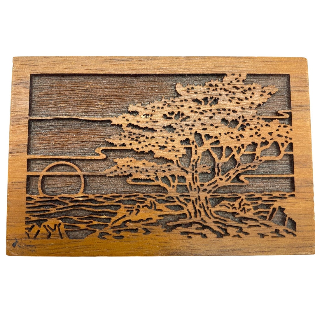 Vintage Laser Engraved Walnut Wood Block Bonsai Tree Nature Scene Home ...