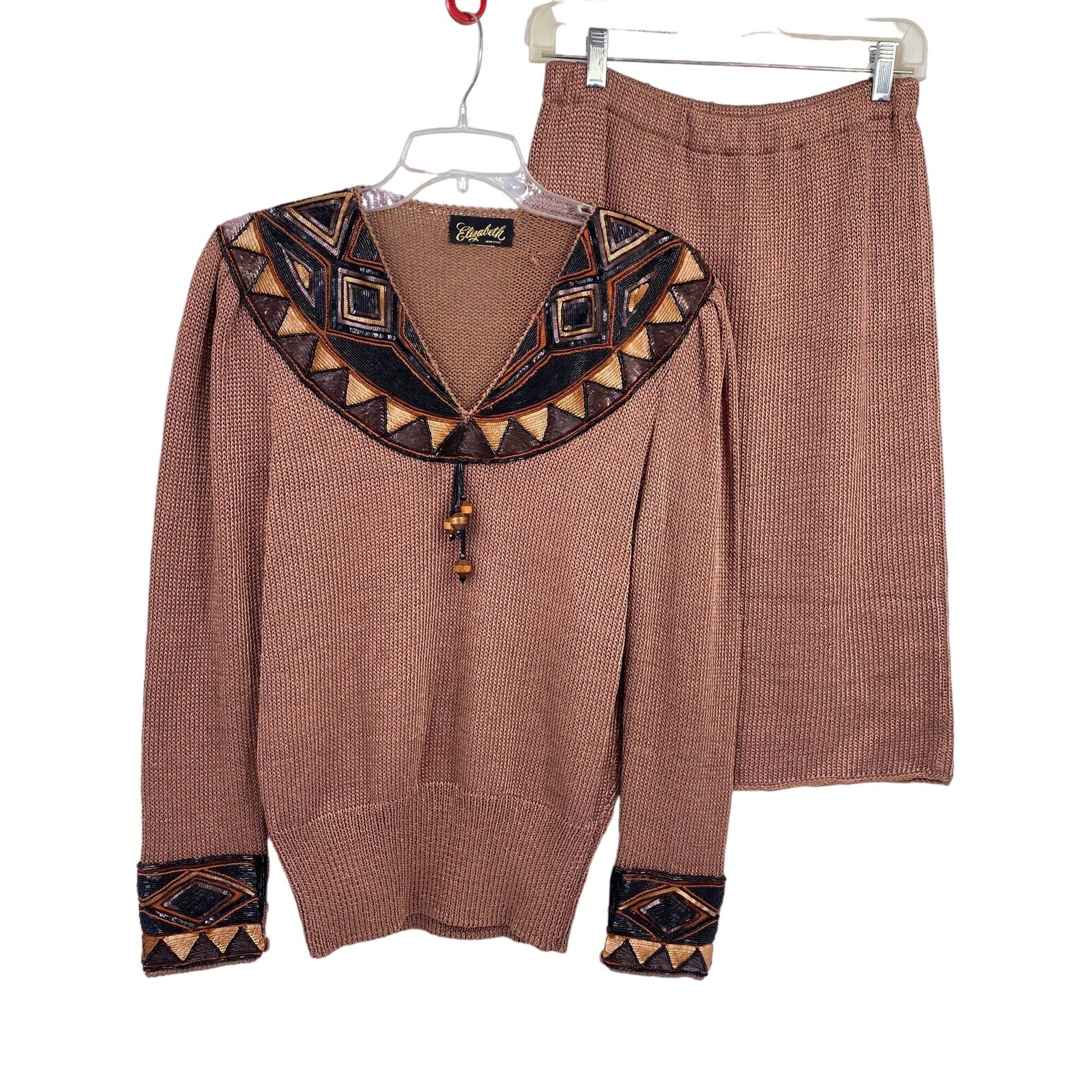 Vintage Elizabeth New York Knit Beaded Sweater Skirt Set Size M-L ...