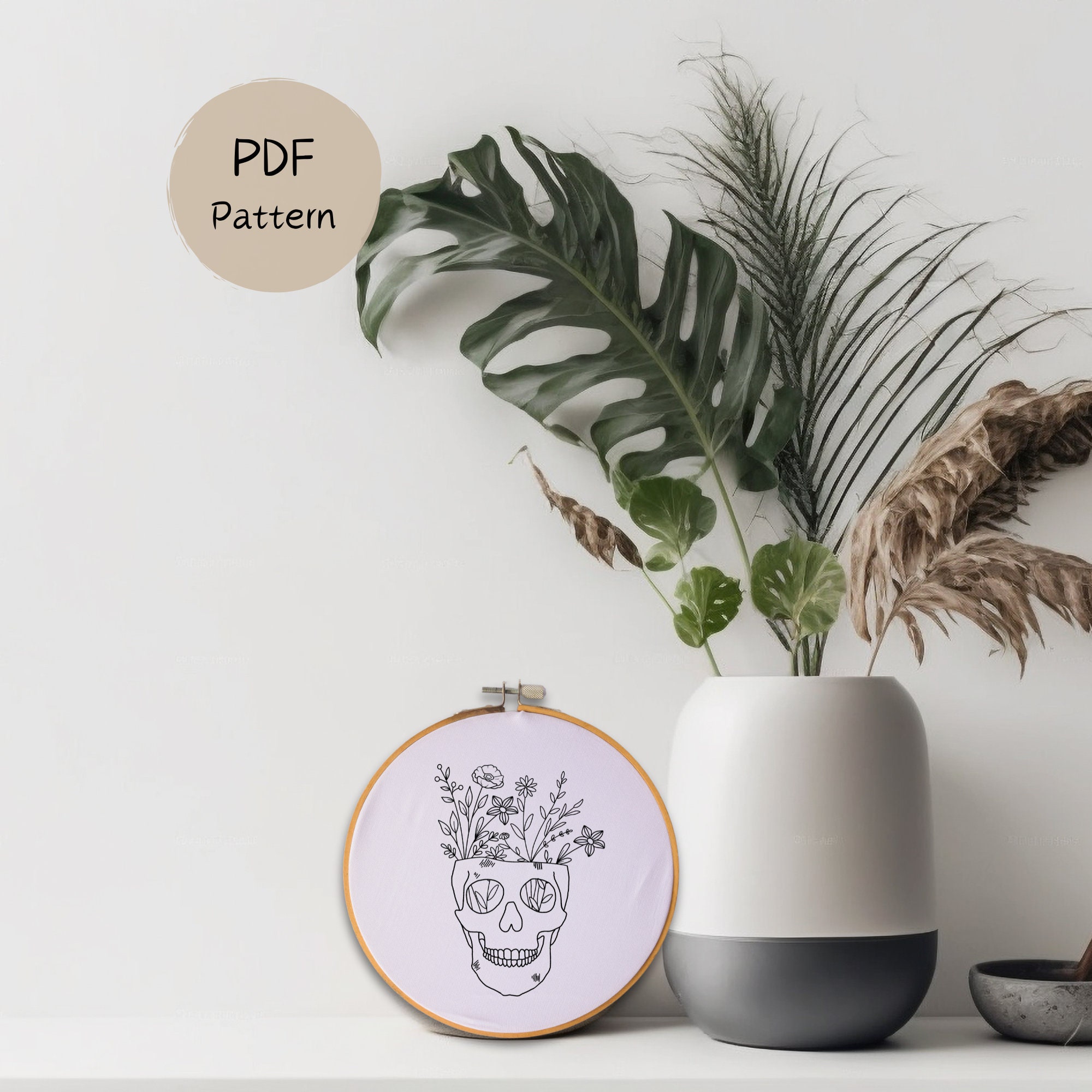Floral Skull Embroidery Pattern, Hand Embroidery Flowers, Witchy Gothic ...