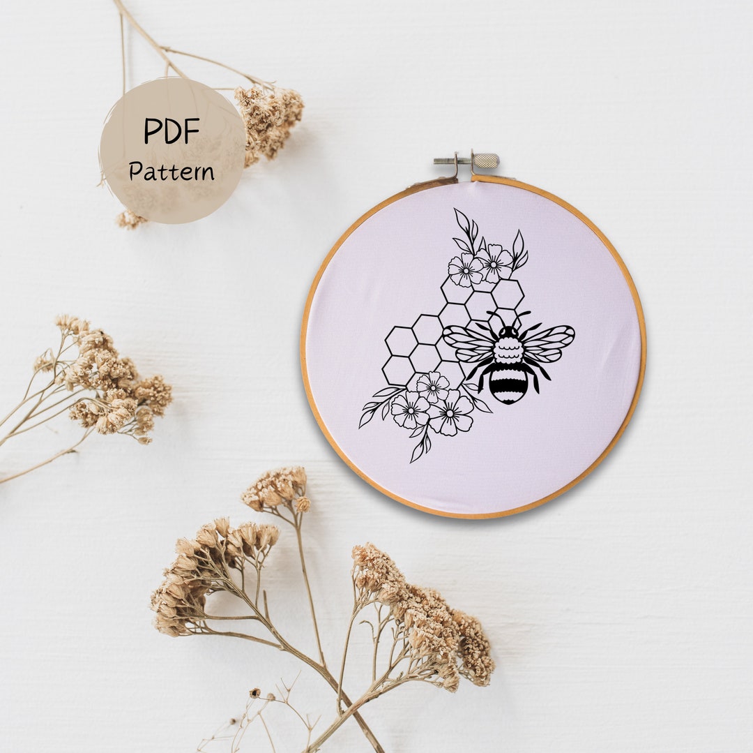 Bee and Flower Embroidery Pattern, Bee Hive Embroidery Template, Insect ...