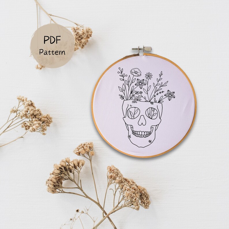 Floral Skull Embroidery Pattern, Hand Embroidery Flowers, Witchy Gothic ...
