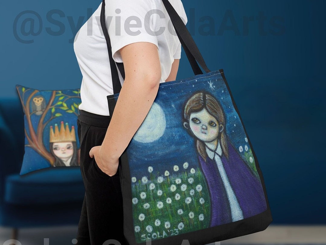 Girl & Moon Tote Bag Gift for Mother's Day, Naive Art Painting, Mystic ...