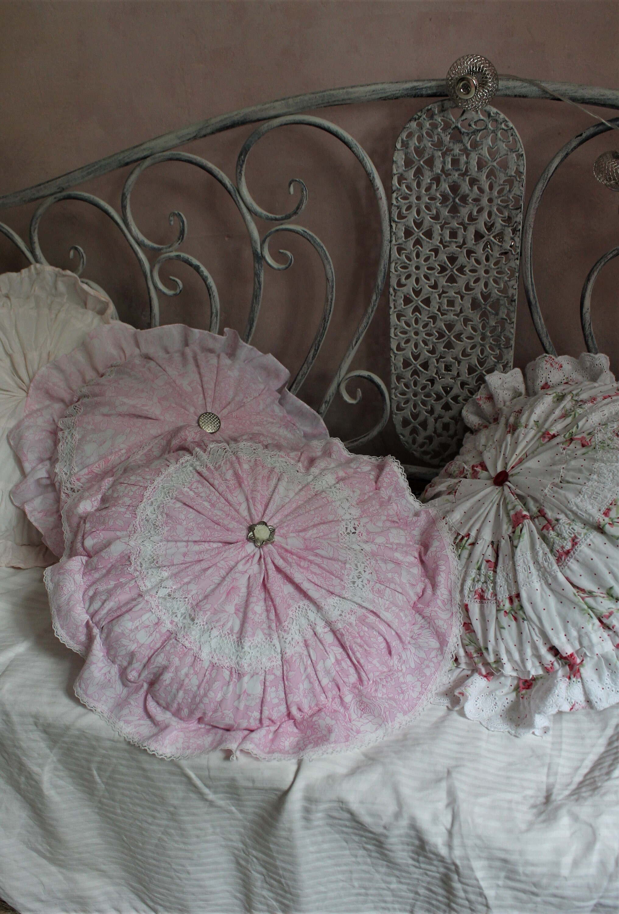 Pink round ruffle pillow Floral pillows Shabby chic pillows | Etsy
