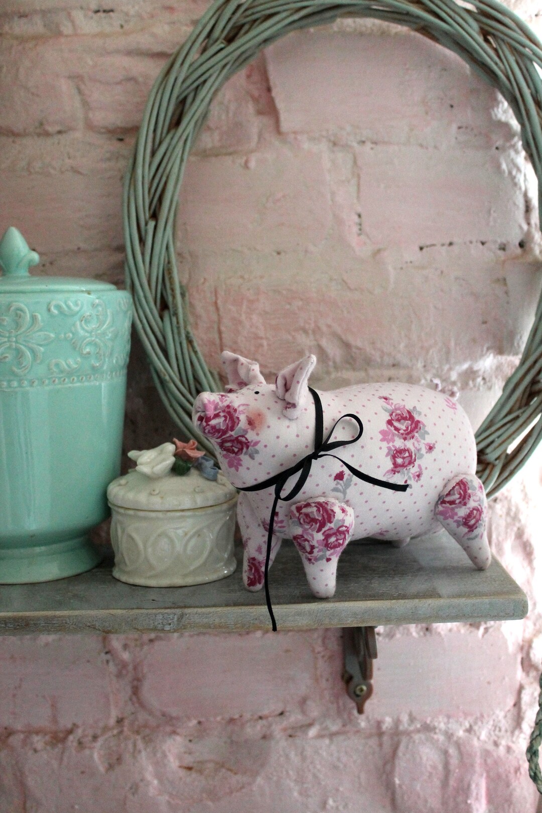 Textile Pig Decor Tilda Pig Pink Roses Pig Fabric Pig Stuffed Pig ...