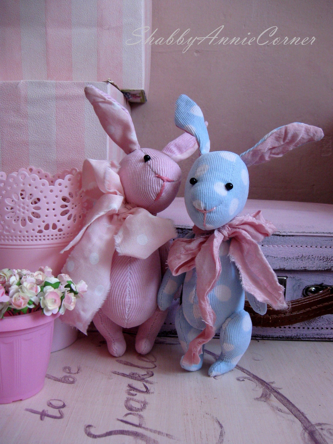 Spring Decor Pink Textile Bunny Rabbit Handmade Blue Bunny Nursery ...