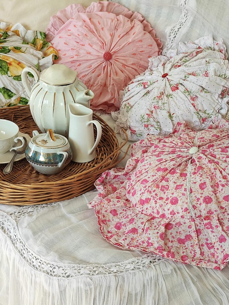 Shabby Chic Pillow Pink Round Ruffle Pillow Romantic Floral Pillows ...