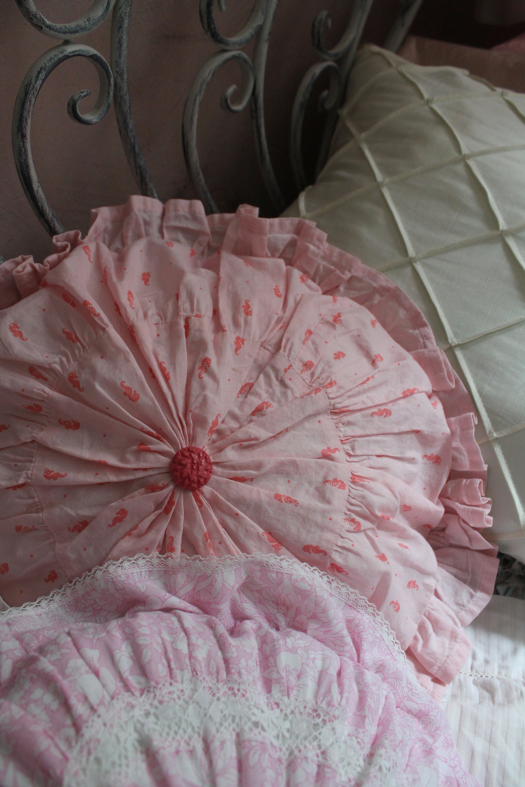 Pink round ruffle pillow Floral pillows Shabby chic pillows | Etsy