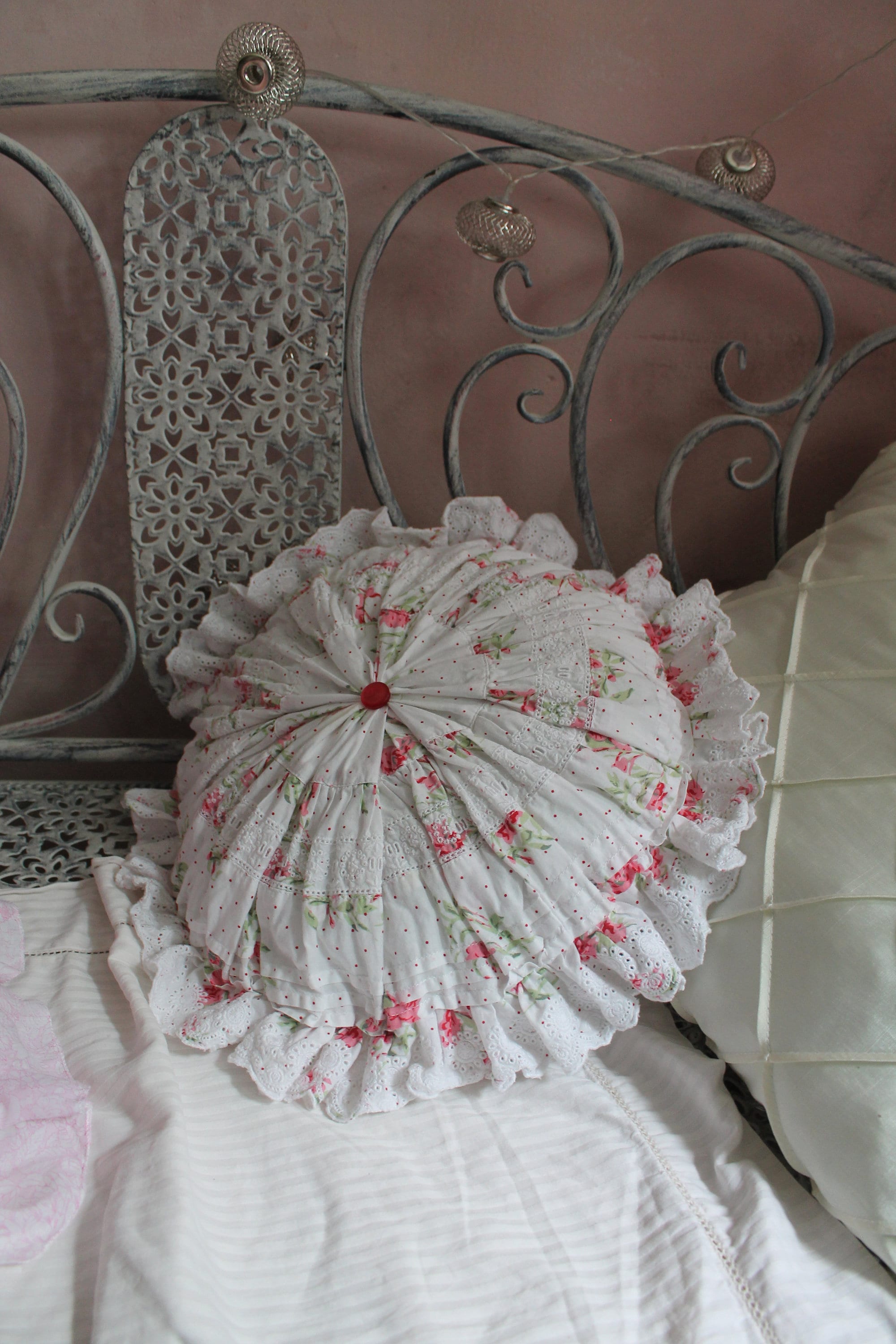 Pink round ruffle pillow Floral pillows Shabby chic pillows | Etsy