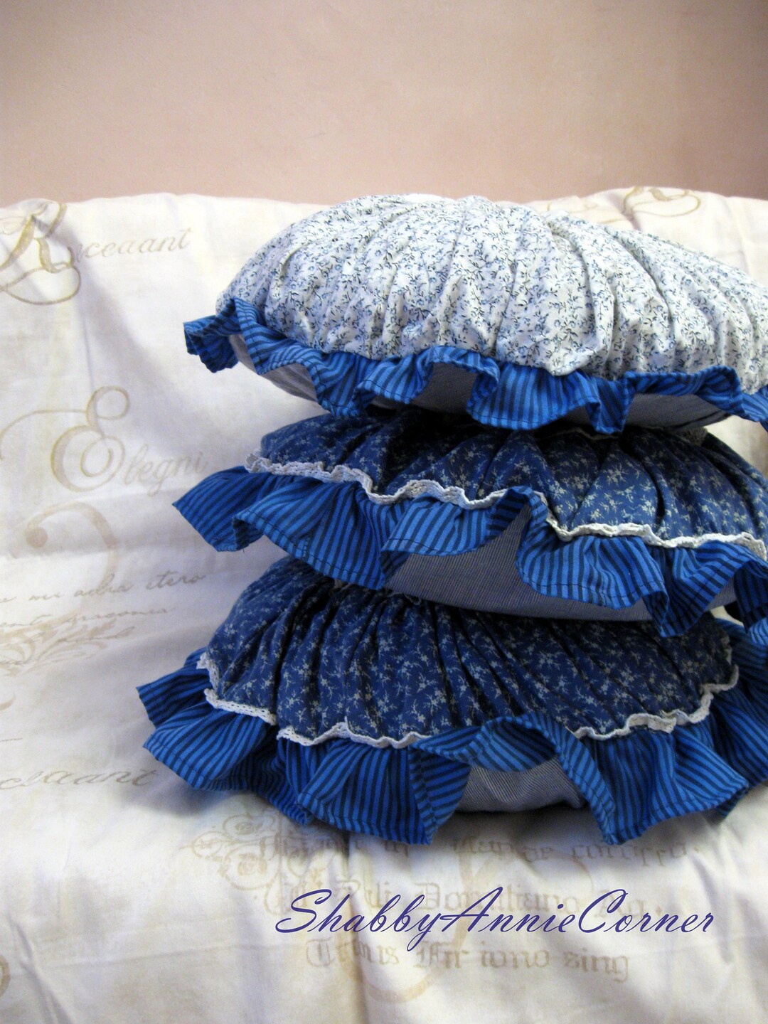 Country Cottage Round Ruffle Pillow Blue Floral Round Ruffle Pillows ...