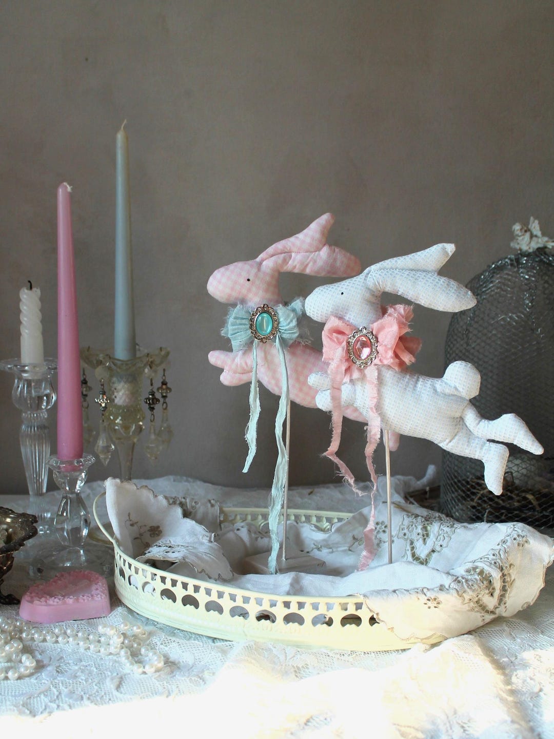 Shabby Chic Bunny Decor OOAK Flying Bunny on Stand Decor Handmade Marie ...